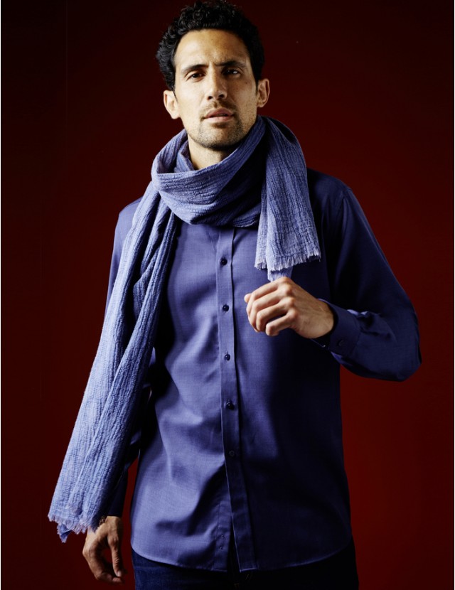 Chèche homme bleu, aspect denim délavé, coton bio